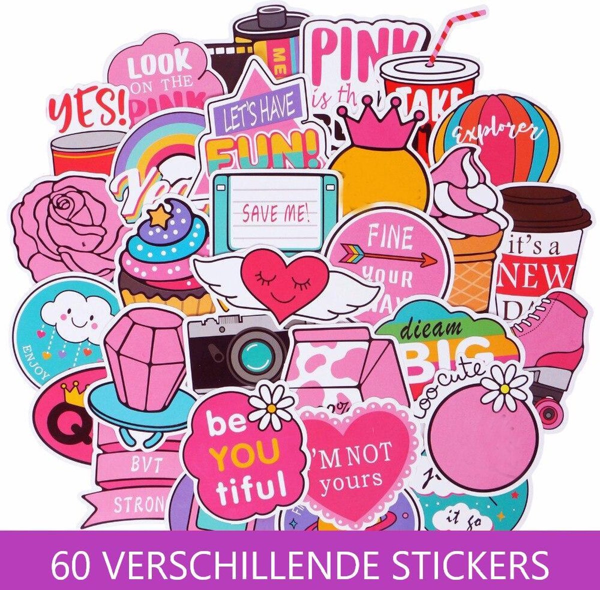 Roze sticker mix voor meisjes met leuke afbeeldingen en teksten - 60 ...