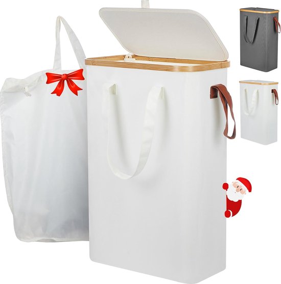 Smalle wasmand van 52 liter, met deksel, slanke waszak met waszak en 5 rubberen... | bol