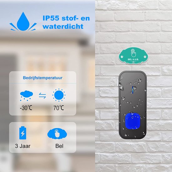 Deurbelset Draadloze Deurbel Waterdicht Bel Huisdeur 2 Zenders, 1 ...