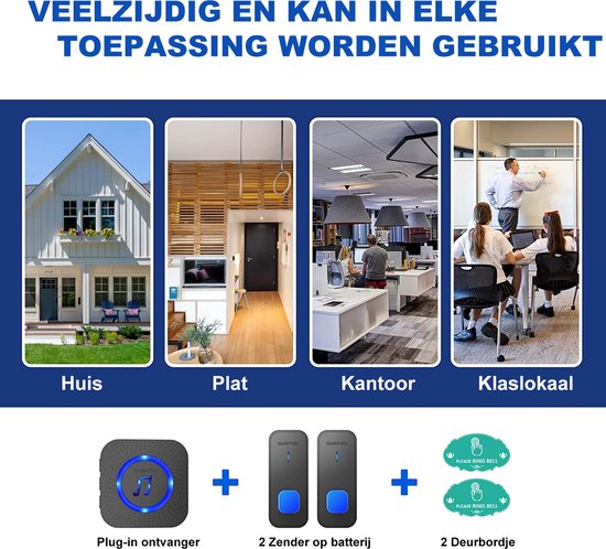 Deurbelset Draadloze Deurbel Waterdicht Bel Huisdeur 2 Zenders, 1 ...