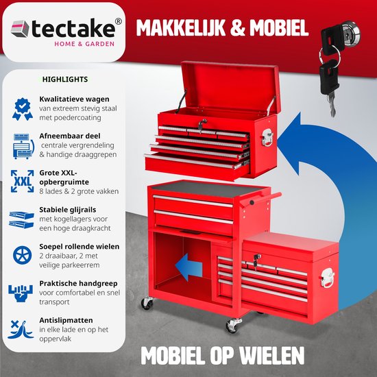 tectake® - Gereedschapswagen werkplaatswagen - verrijdbaar - 10 vakken ...
