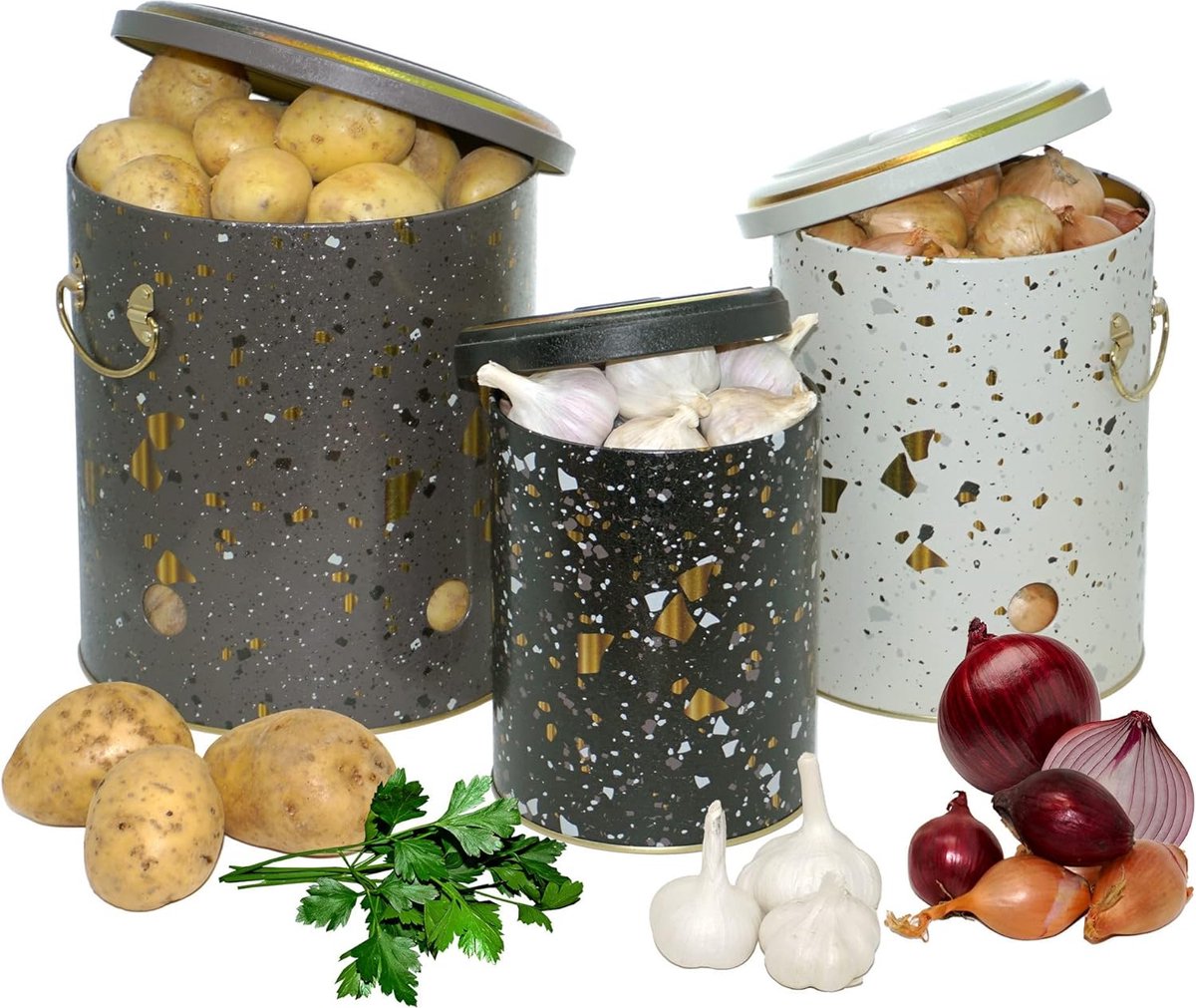 Opslag knoflook zwart, aardappelcontainer groot, ui voorraadcontainer ...