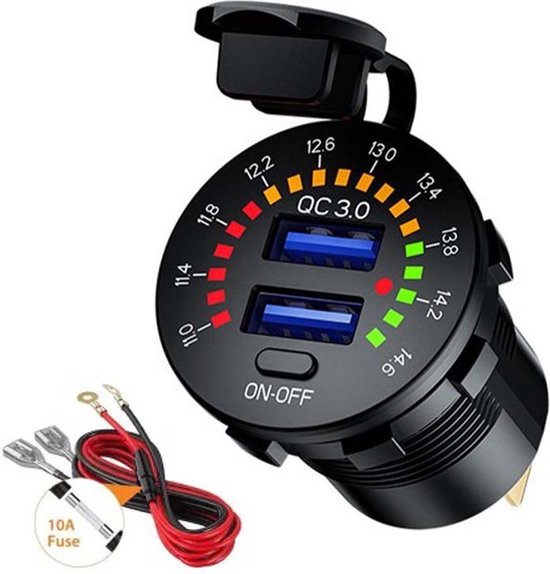 12V USB Autolader 2 Poorten Inbouw met Voltmeter/Aansluitkabel - QC3.0 ...