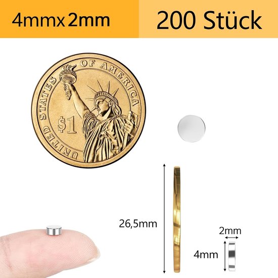 200 stuks mini-magneten, rond, kleine magneten, sterk, 4 x 2 mm ...