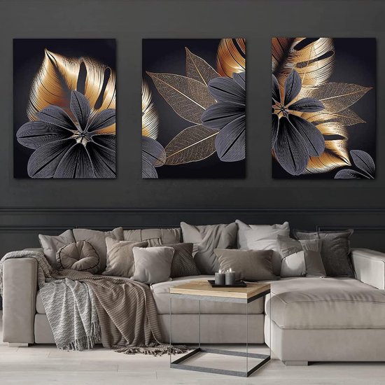 Posterset, 3 stuks, abstract, zwart, gouden plantenblad, canvas ... Posterset, 3 stuks, abstract, zwart, gouden plantenblad, canvas ...