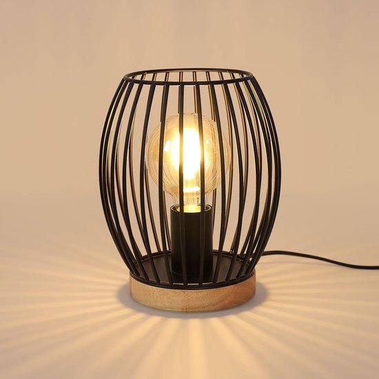 Delaveek-E27 Metalen Kooi Tafellamp-Zwart- Ijzer & Hout -Industrieel ...