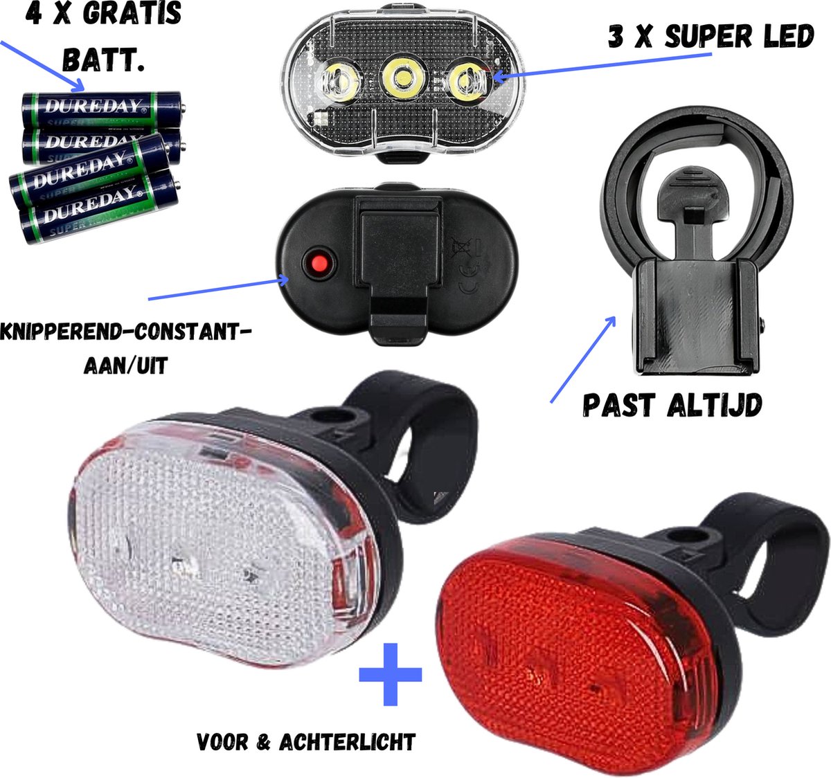 Fietslicht voor en achter - Fietslampen set - 3 standen - Led ...