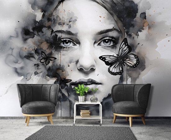 Fotobehang - Kunst - Schilderij - Vrouw - Gezicht - Vlinder - Portret - Vliesbehang -... | bol