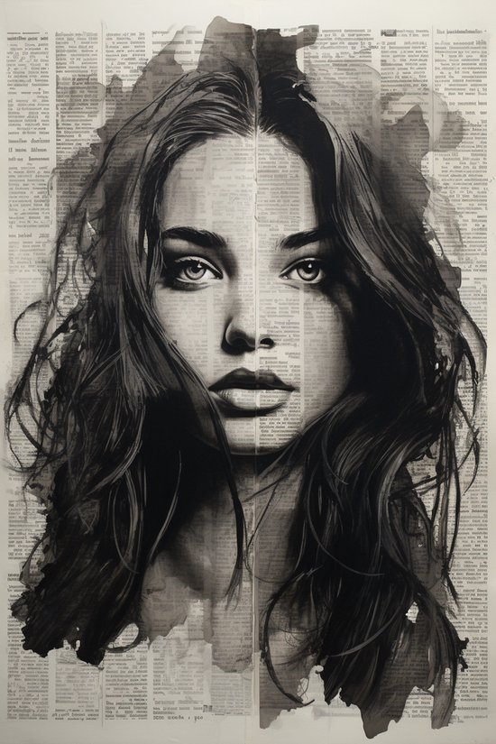 Abstracte Kunst | Zwart Wit Poster | Vrouw in Krant | Moderne Kunst ...