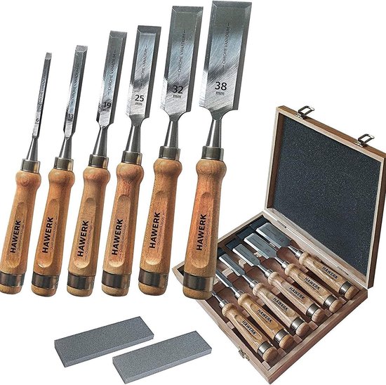 Beitelset voor hout, 6 beitels + 2 slijpstenen + doos | bol