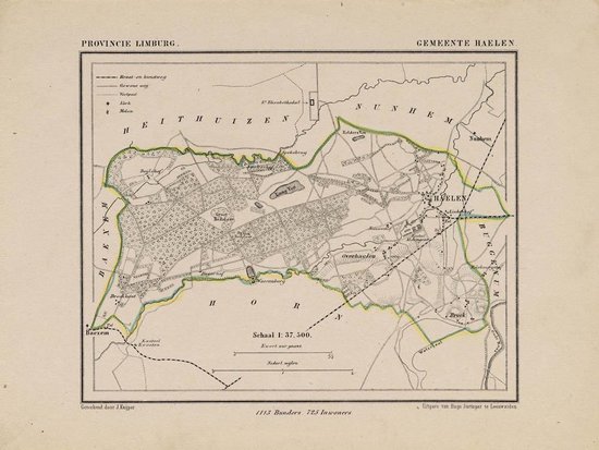 Historische kaart, plattegrond van gemeente Haelen in Limburg uit 1867 ...