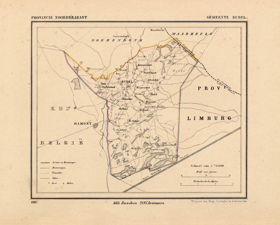Historische kaart, plattegrond van gemeente Budel in Noord Brabant uit ...