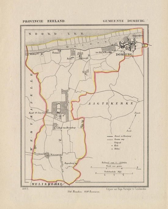 Historische kaart, plattegrond van gemeente Domburg in Zeeland uit 1867 ...