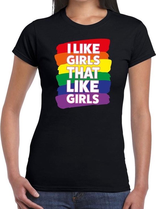 Gay pride I like girls that like girls t-shirt zwart met regenboog voor ...