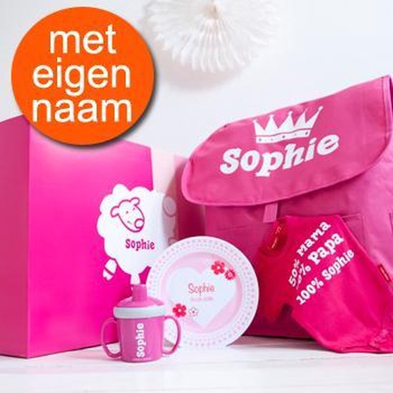 Kraamcadeau Boxzak, bordje, anti-lek beker en romper korte mouw met ...