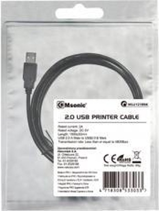 Vakoss USB 2.0 A-B MM 1.0 USB-kabel 1,8 m USB A USB B Zwart | bol
