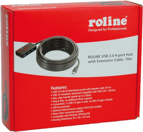 ROLINE USB 3.2 Gen 1 4-port Hub met repeater, zwart, 10 m | bol