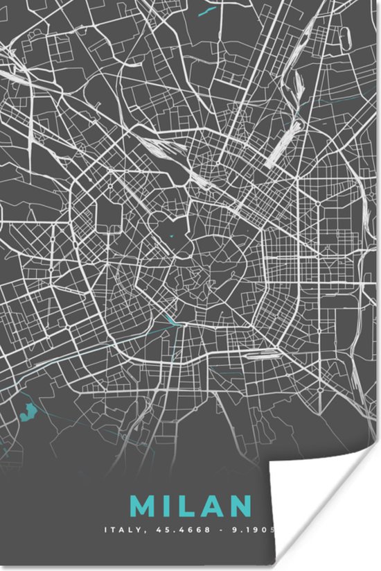 Poster Milaan - Blauw - Kaart - Stadskaart - Plattegrond - 40x60 cm | bol