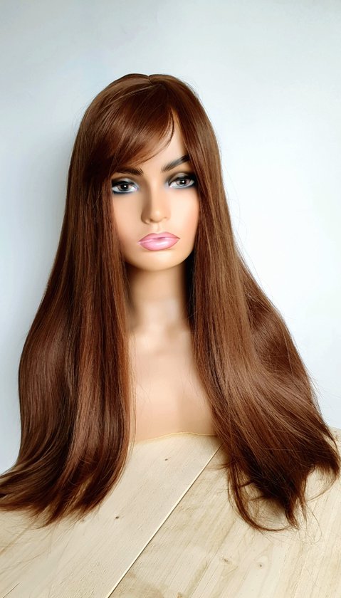 Luxe pruik-dames- natuurlijk bruin - lang haar- stijl - Pony - krullen ...