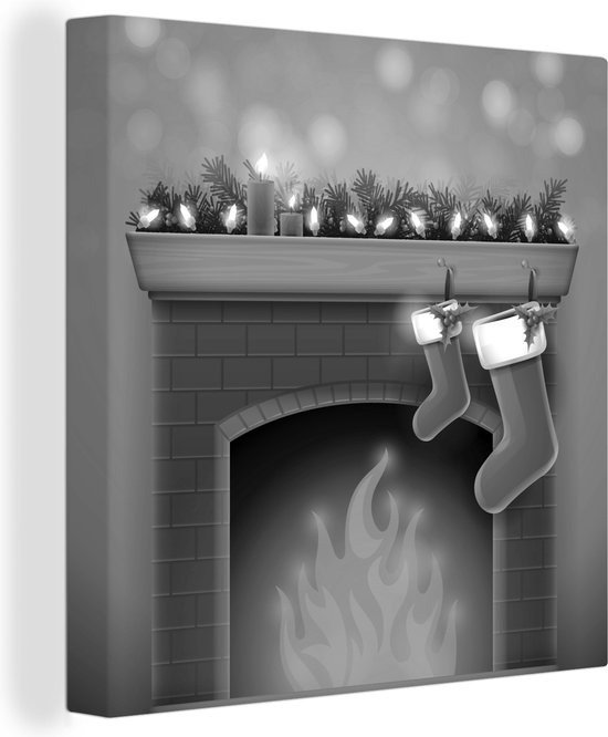 Tableau sur toile Un dessin d'une cheminée avec bas et bougies - noir ...