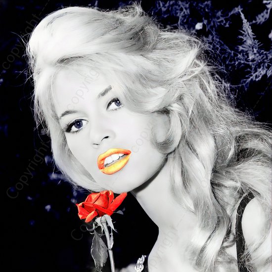 JJ-Art (Canvas) 60x60 | Brigitte Bardot met rode roos, zwart wit, vrouw ...