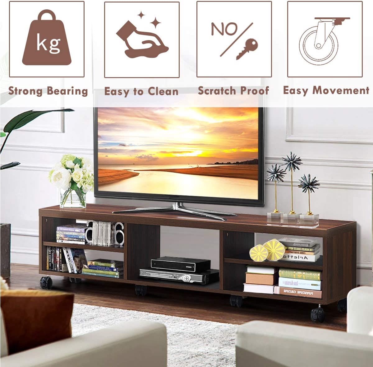 mobiele tv-standaard met planken, woonkamer mediaconsole ...
