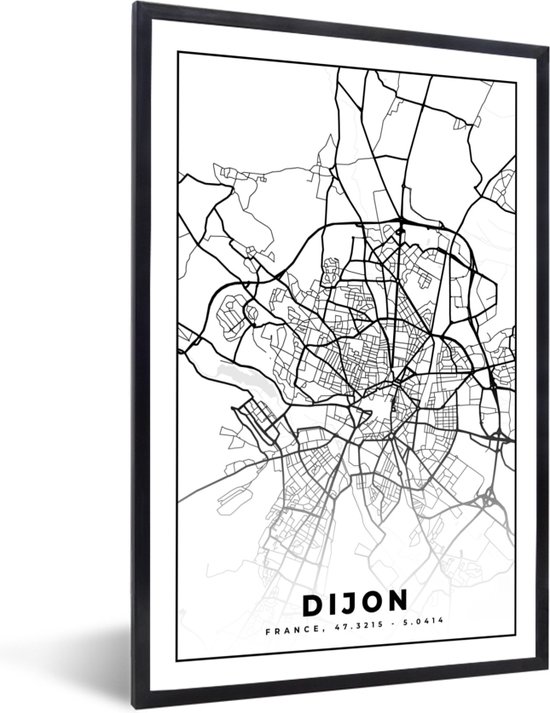 Fotolijst incl. Poster Zwart Wit- Frankrijk - Dijon - Plattegrond ...