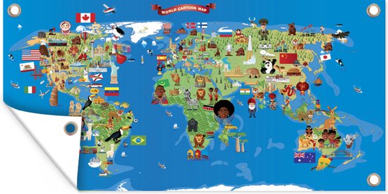 Schuttingposter Een illustratie van een cartoon kaart van de wereld met ...