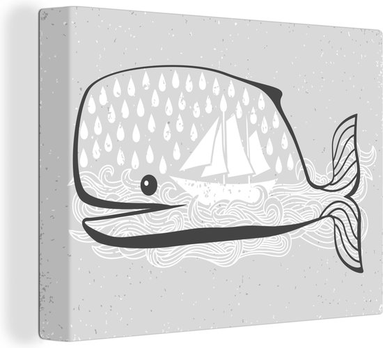 Canvas Schilderij Illustratie van een walvis met versiering - zwart wit ...