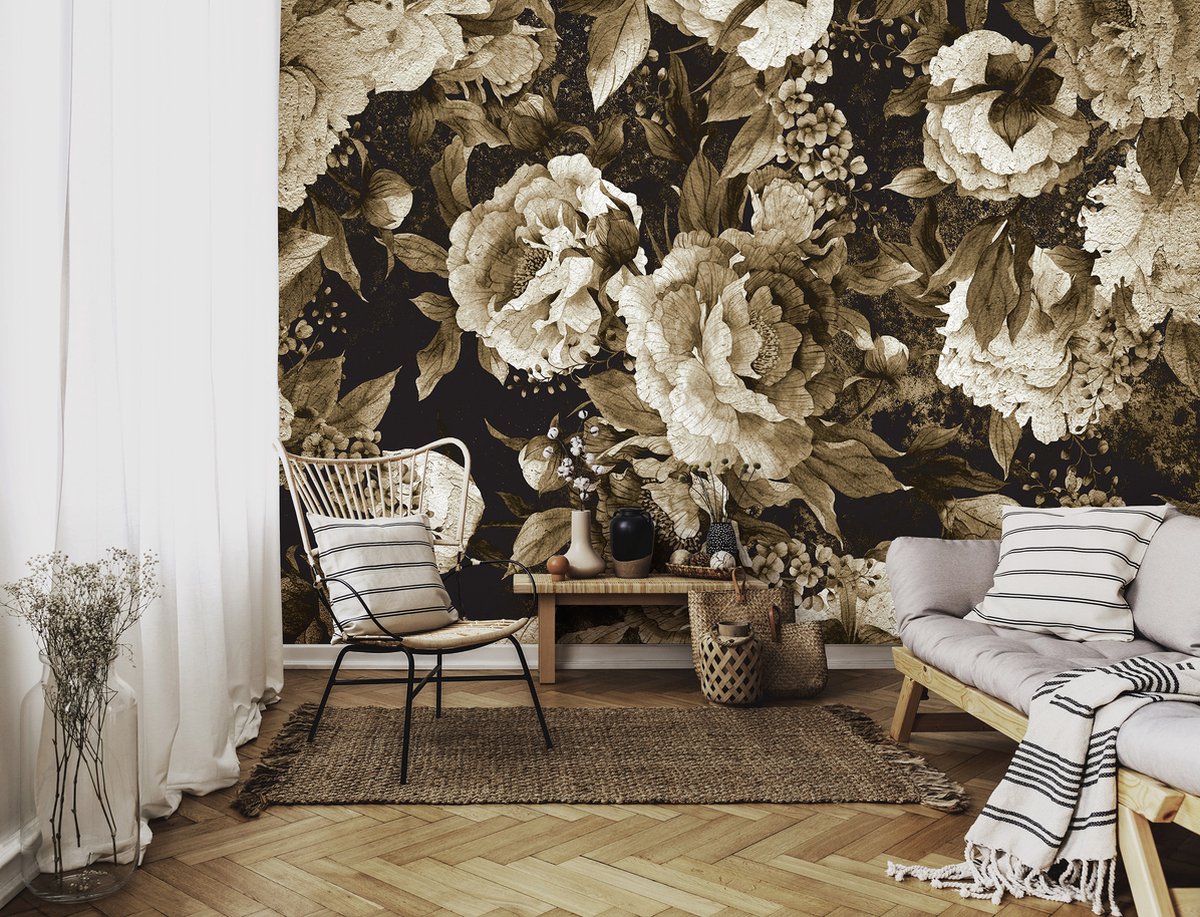 Fotobehang - Vlies Behang - Vintage Pioenrozen Sepia - Bloemen - 520 x ...
