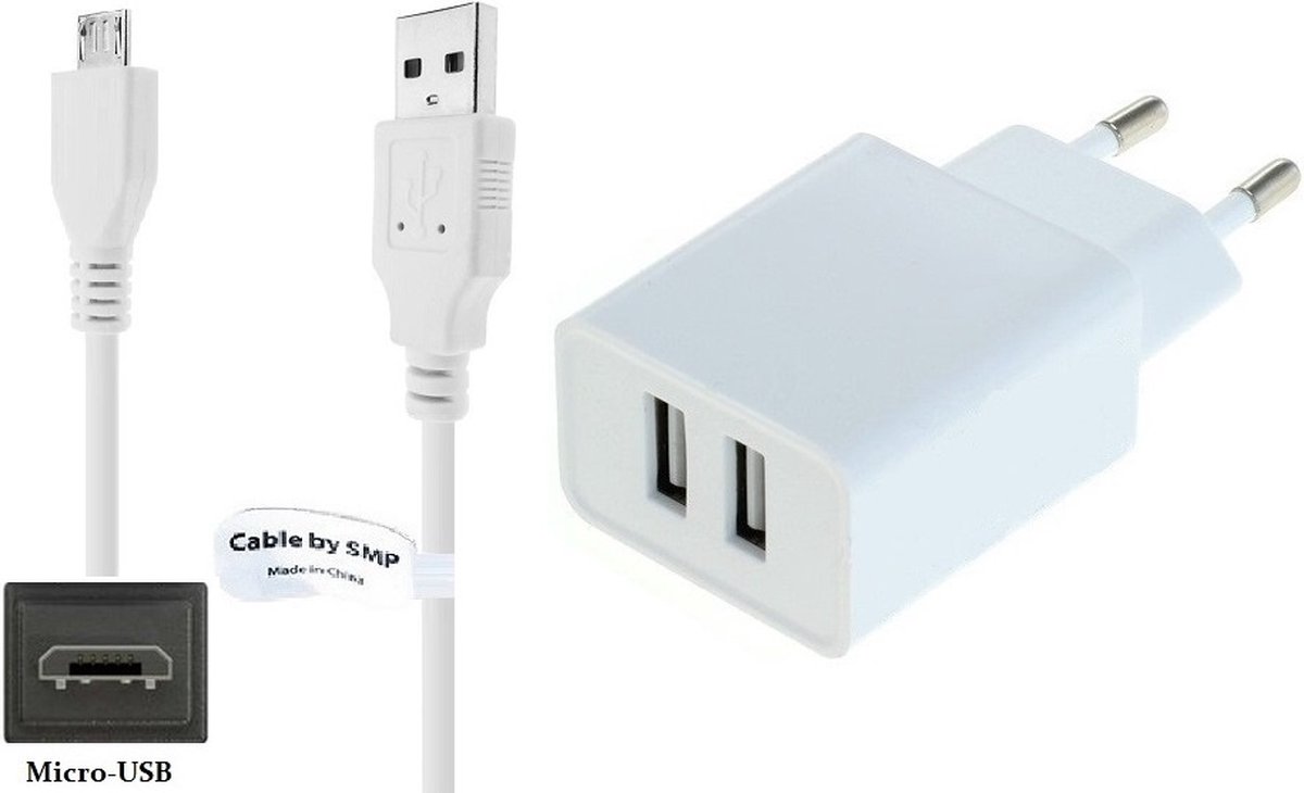 2.4A lader + 2,2m Micro USB kabel. Oplader adapter met 2 poorten ...