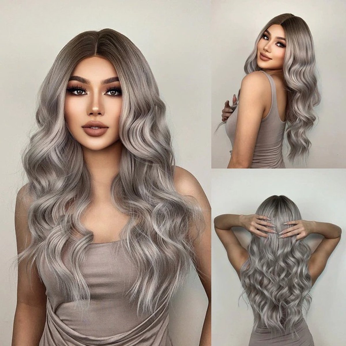 Homezie Pruik Grijs Lang golvend haar Balayage Pruiken dames Pruiken ...