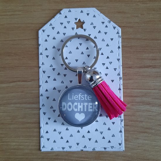 Sleutelhanger met teksthanger Liefste dochter grijs / donker roze | bol