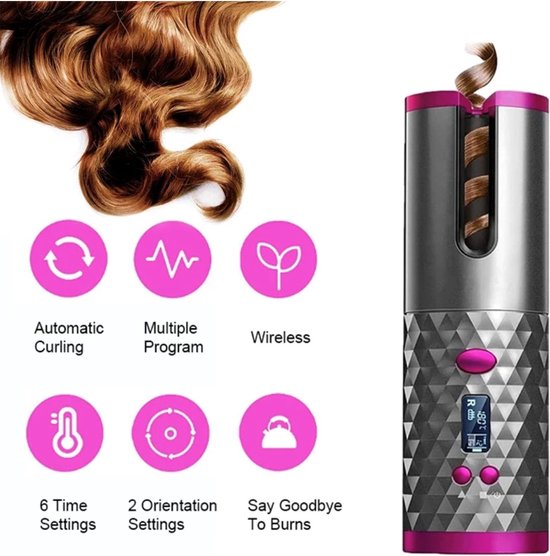 Automatische Krultang - Haarkruller- Draadloos - USB oplaadbaar - roze ...