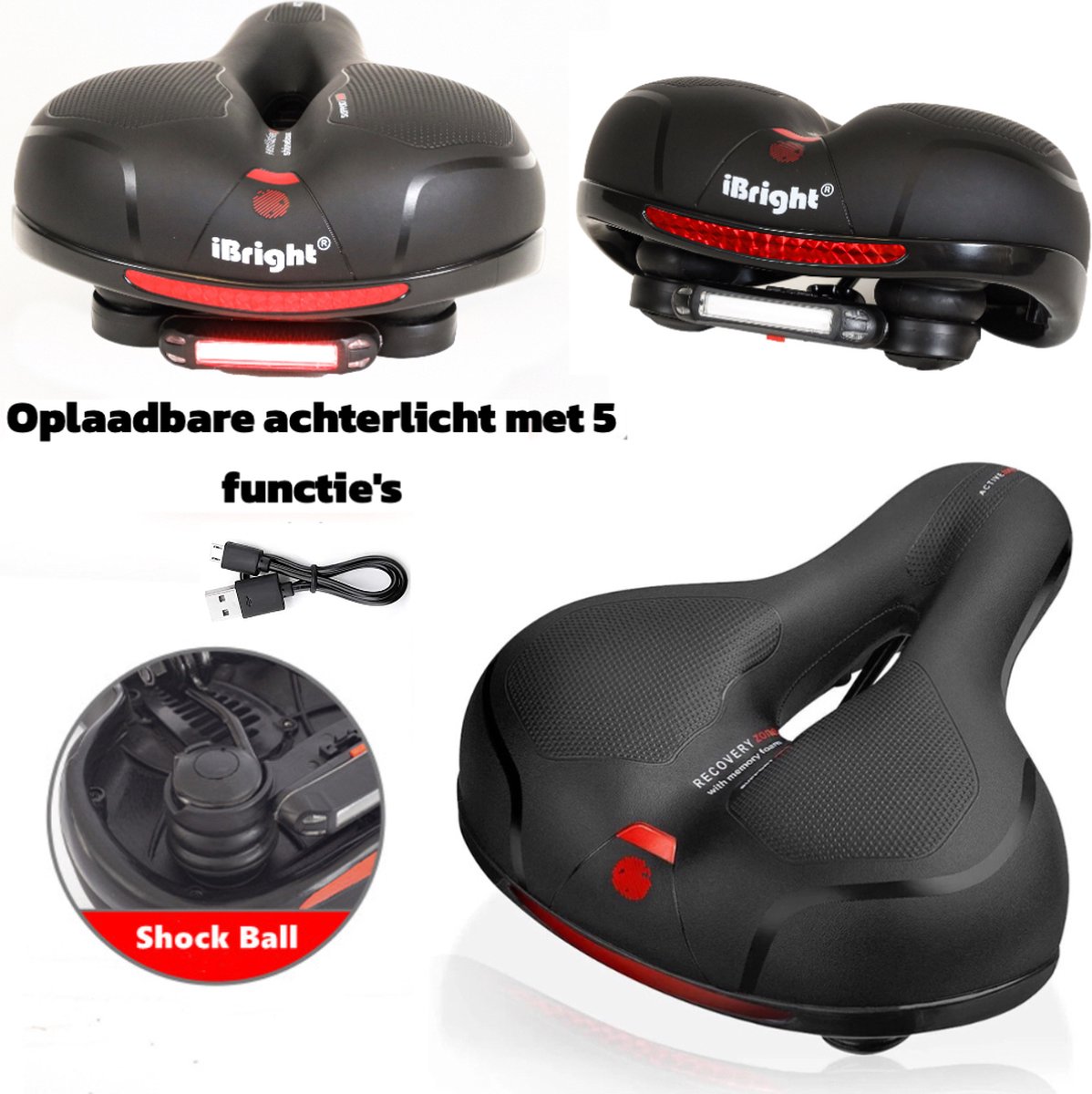 iBright Gel Fietszadel Met LED achterlicht - USB oplaadbaar met 5 ...