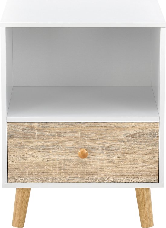 Nachtkastje - Met lade & open vak - Spaanplaat & hout - Wit & hout ...