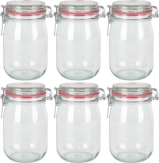 6x Weckpot/inmaakpot 1000 ml/1liter met rode rubberen ring, klepdeksel ...