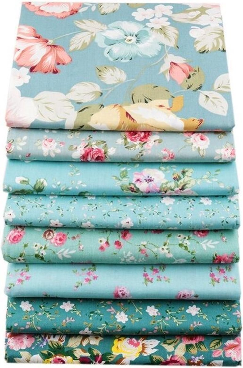 Pakket van 8 lapjes stof - verschillende designs - aqua blauw - blauw ...