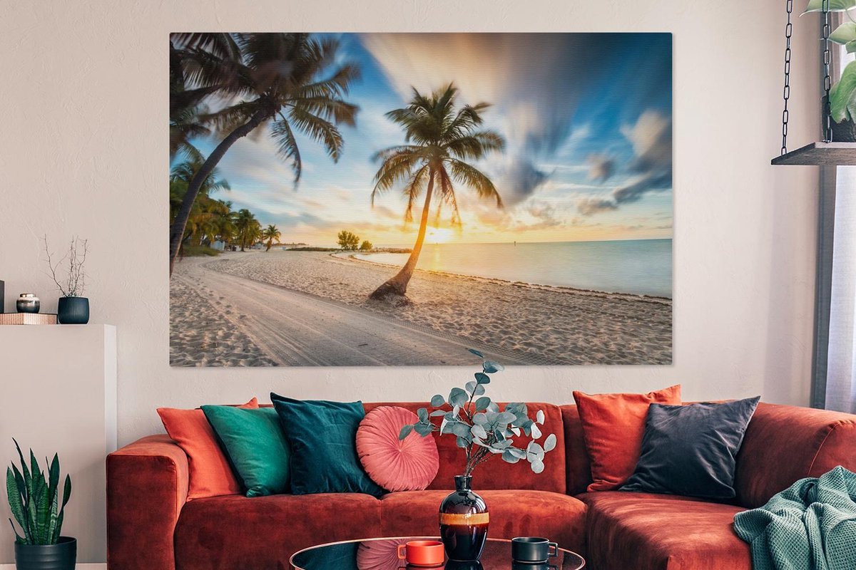 Canvas Schilderijen Zonsondergang - Strand - Palmboom - 180x120 cm - Wanddecoratie XXL | bol.com
