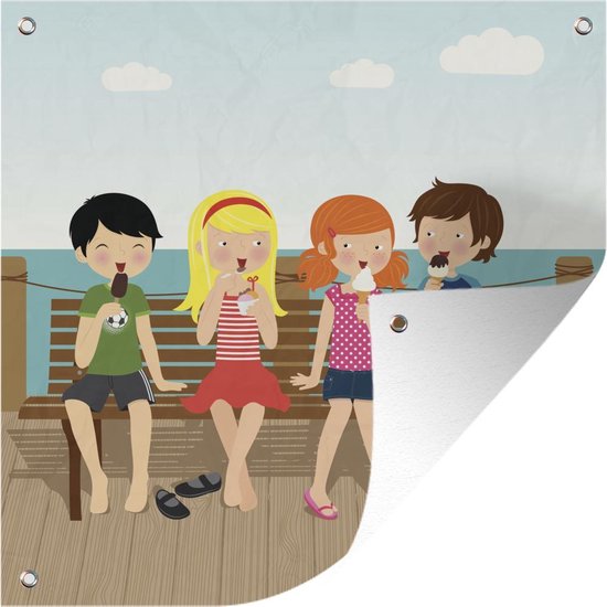 Tuindoek Een illustratie van kinderen op een pier - 100x100 cm | bol