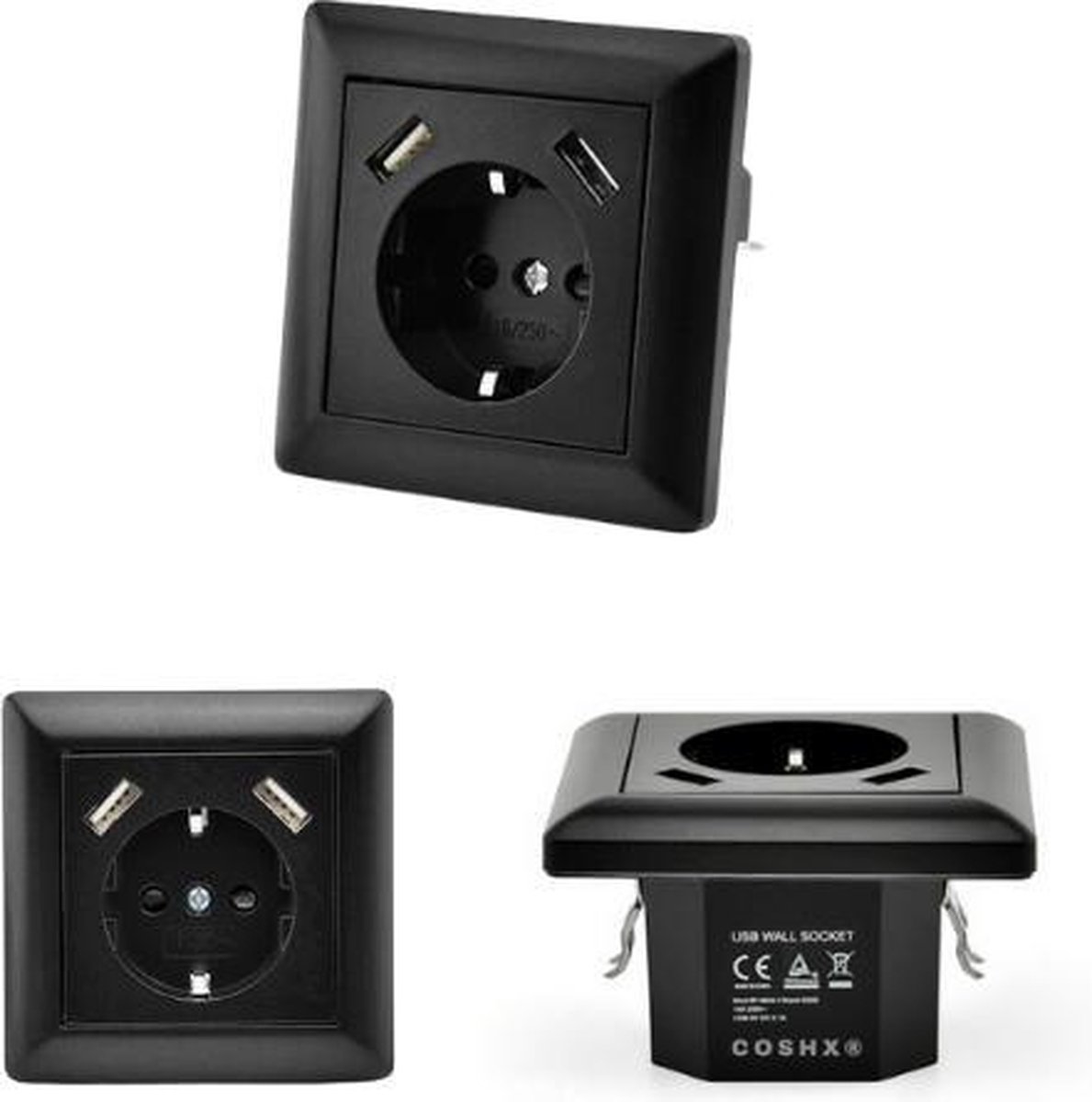 CoshX® Enkel USB stopcontact zwart - inbouw wandcontactdoos 2 x USB ...