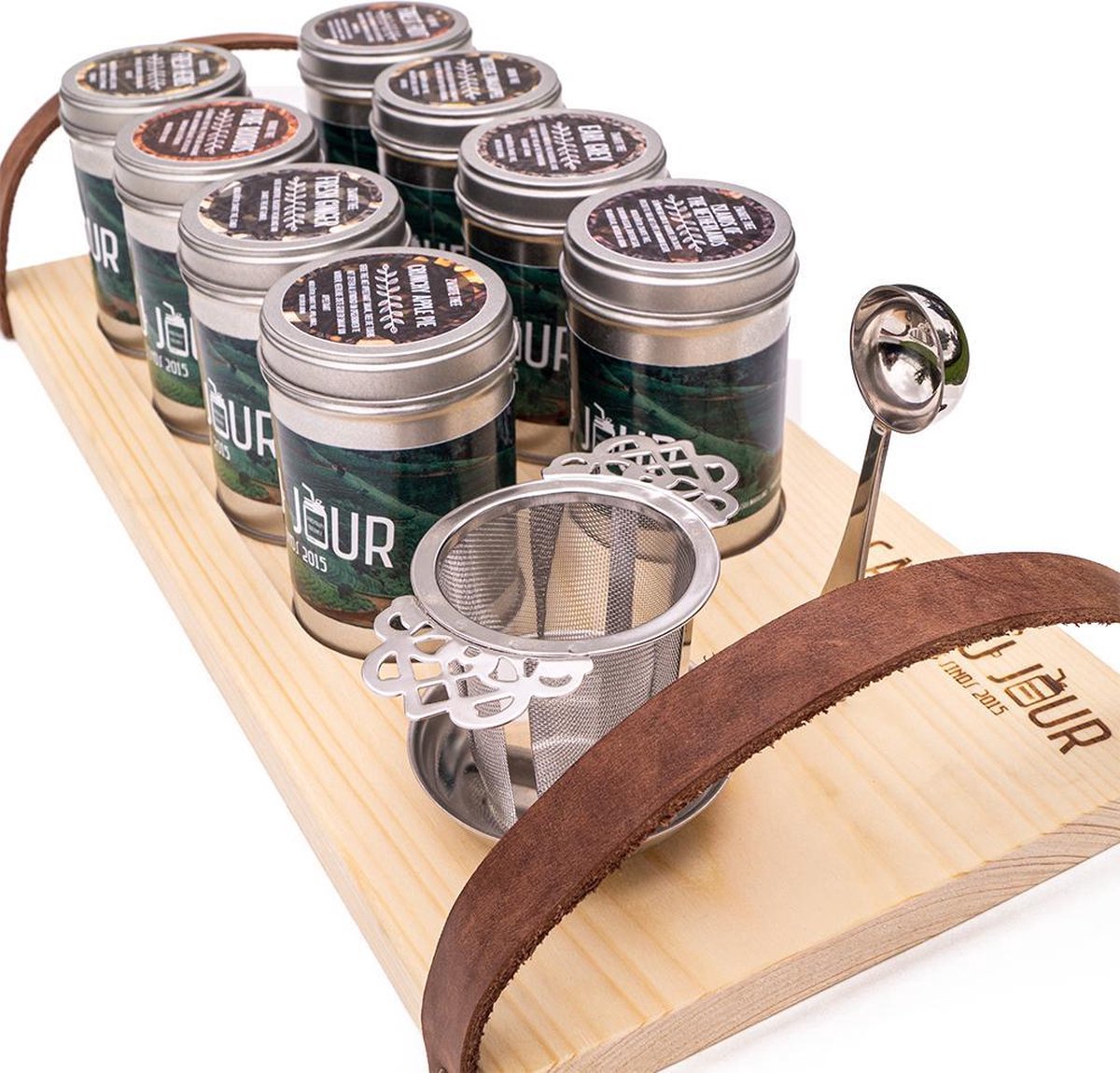 Presentatie theeplank met blikjes thee, theelepel en theefilter | bol.com