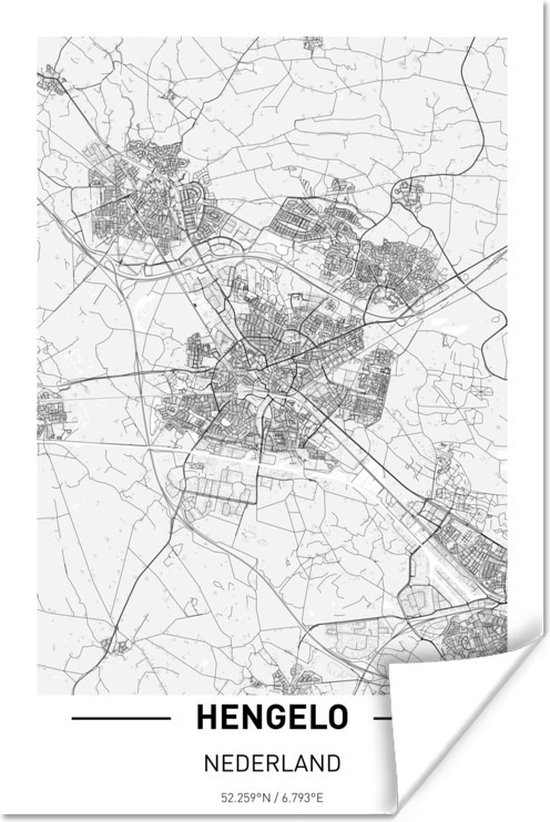 Poster Hengelo stadskaart - 60x90 cm - Plattegrond | bol