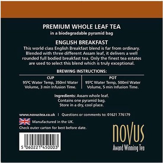 Novus Tea English Breakfast 50 stuks Piramide Theezakjes - Award ...