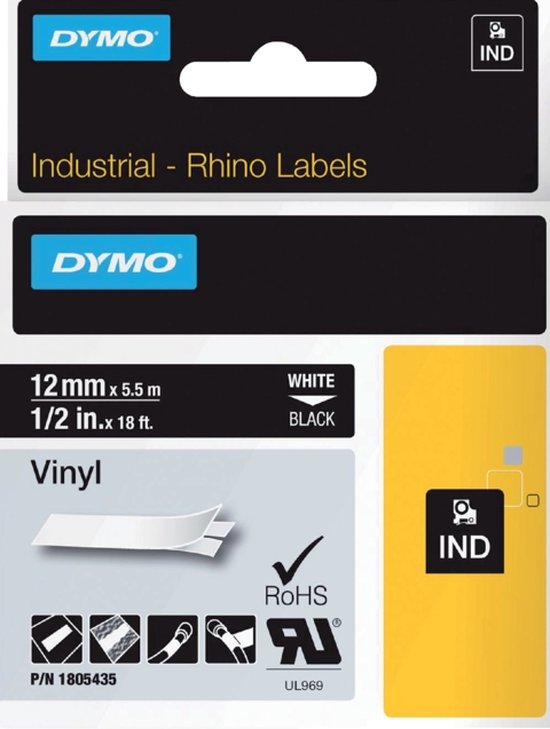 DYMO Rhino industriële Vinyl Labels | 12 mm x 5,5 m | witte afdruk op ...