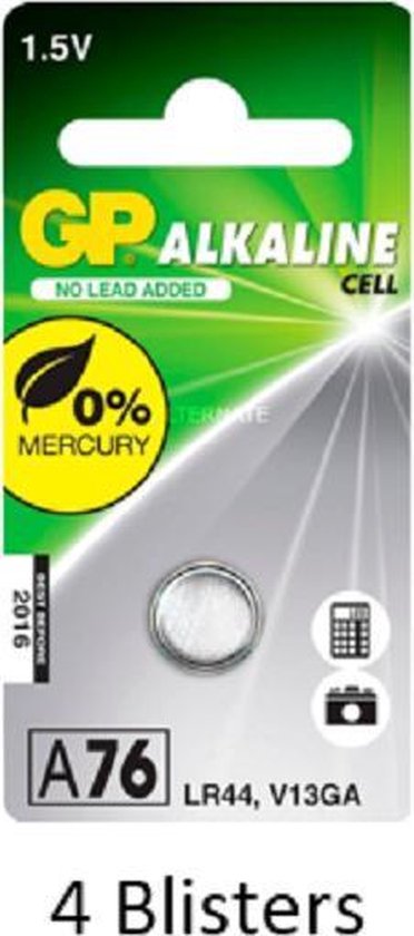 4 stuks (4 blisters a 1 stuks) GP Alkaline Cell A76/LR44 1.5V | bol.com