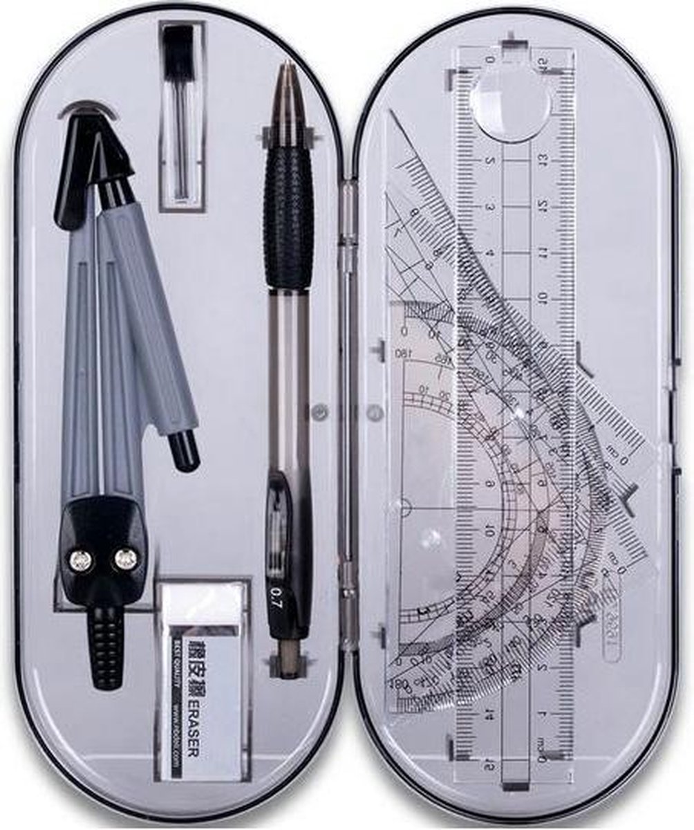 8-delige schoolset passer - liniaal - geo driehoek - pen - gum ...