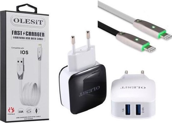 Olesit 3.4A 17W Snellader Adapter 2 Poort + Lightning 1M 3.0A Kabel ...