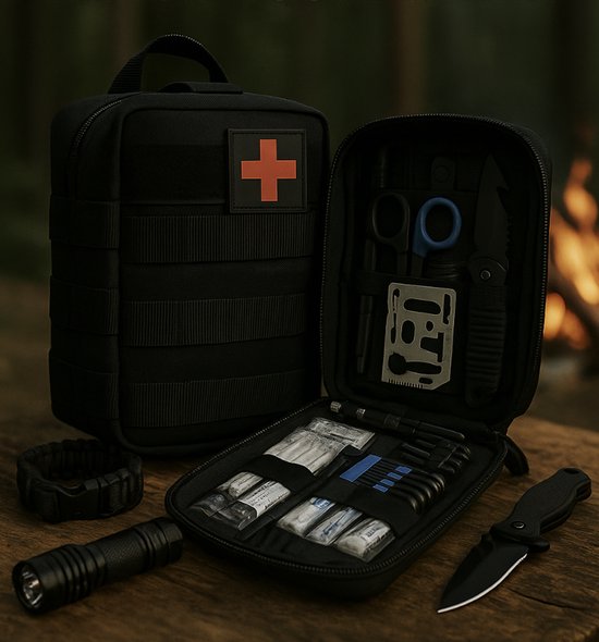 33-in-1 Survival Kit – Zwarte Tactical EHBO & Outdoor Set – Inclusief ...