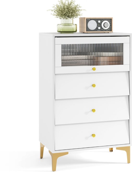 COSTWAY Commode met 3 laden, dressoir met opklapbare glazen deur ...